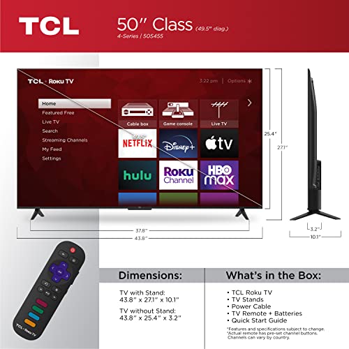 TCL 50" Class 4-Series 4K UHD HDR Smart Roku TV β 50S455 2022, Black