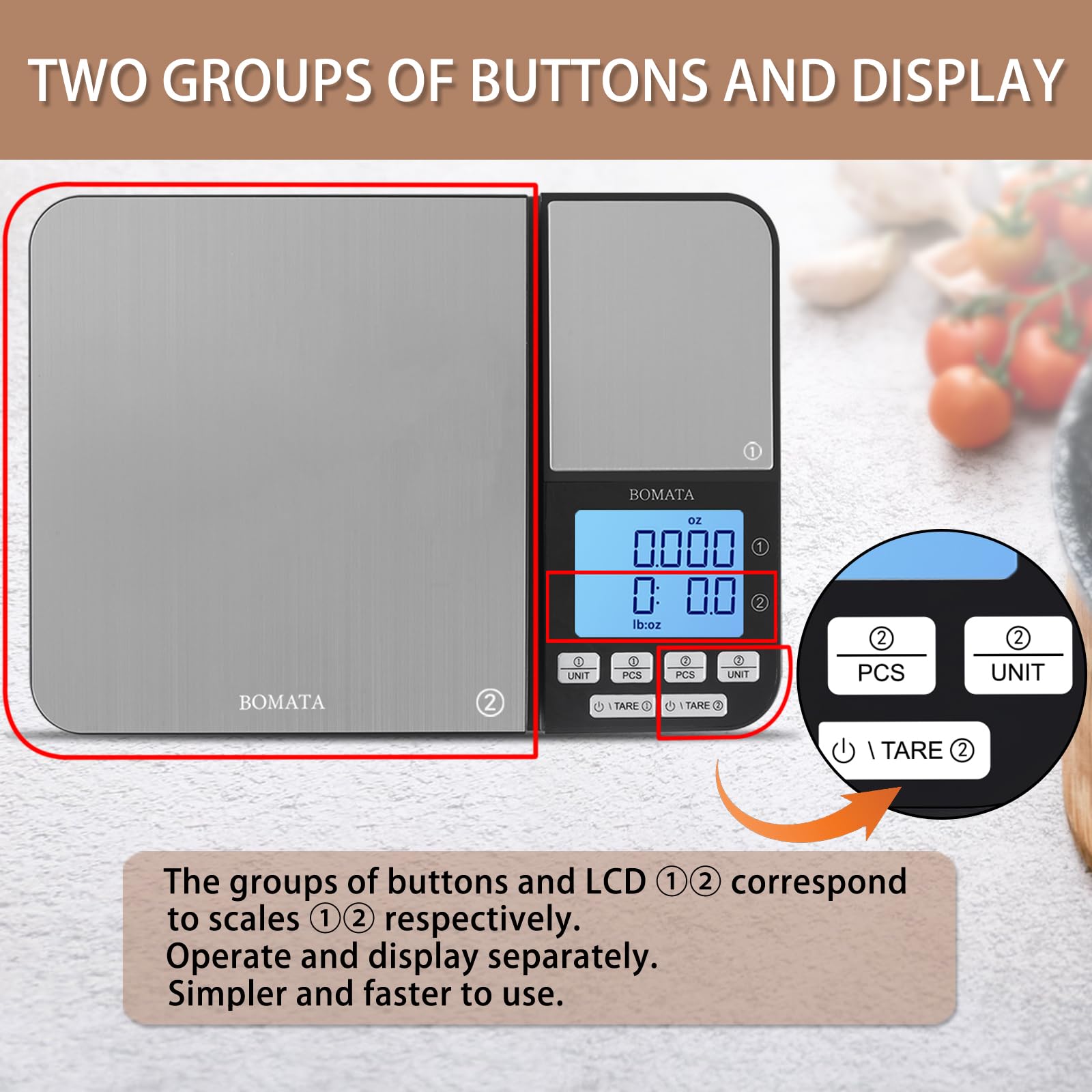 BOMATA Dual Platform Digital Kitchen Scale with Two Precision 0.1g & 0.01g/0.001oz, Max Capacity 11lb/5kg,Tare Function, Units Conversions, Dual-line LCD with Backlit, Stainless Steel, Black