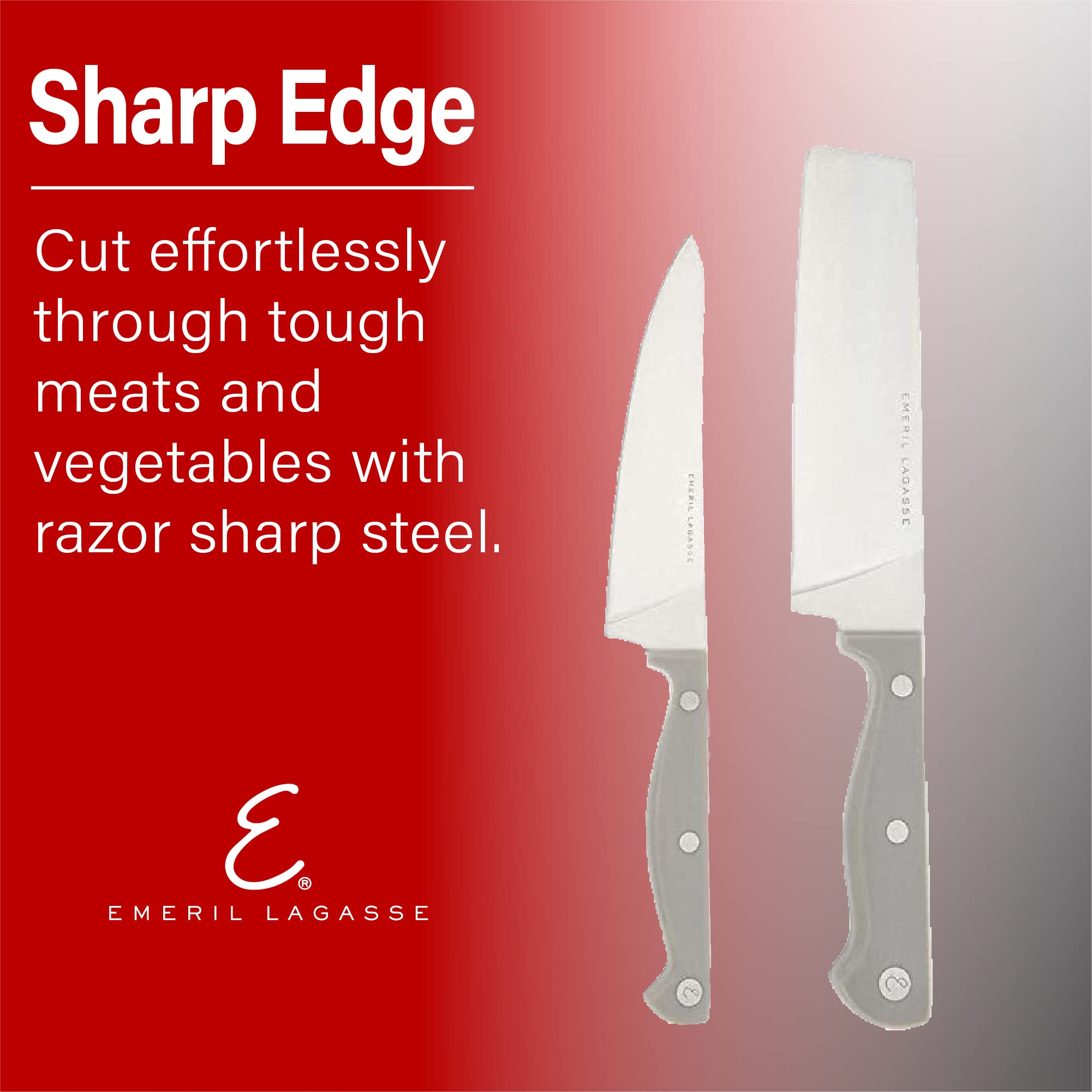 Emeril 3-Piece Specialty Cutlery Kitchen Knife Set (6.5" Nakiri, 5.5" Prep, & 4.75" Spreader Knives) (Grey)