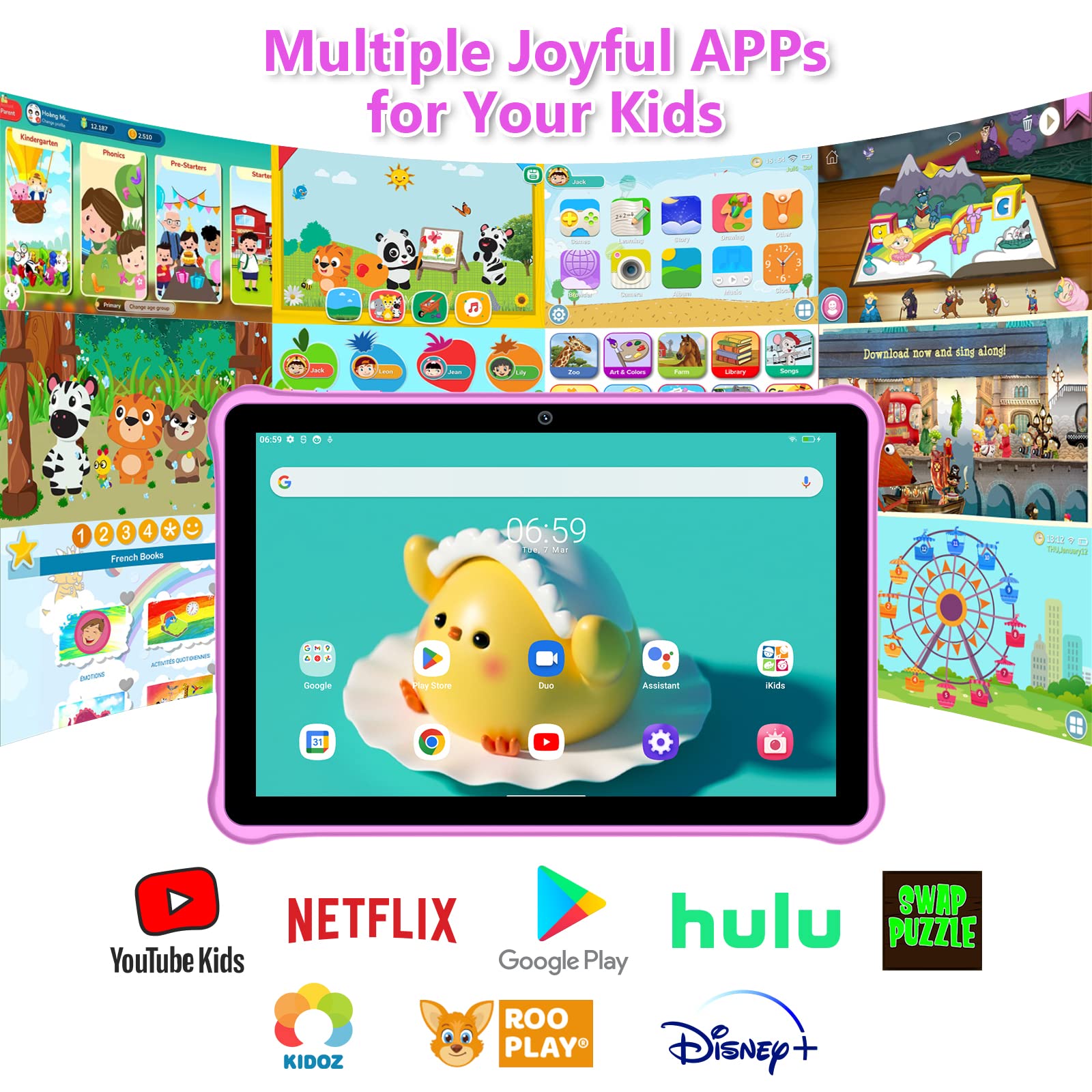 Blackview Kids Tablet Android 12 Tablet Tab A7 Kids 10.1 inch Tablets 64GB ROM 1TB Expand 6580mAh Tablet Toddler Tablet Bluetooth IPS HD+ Display Parental Control Educational Games Pink
