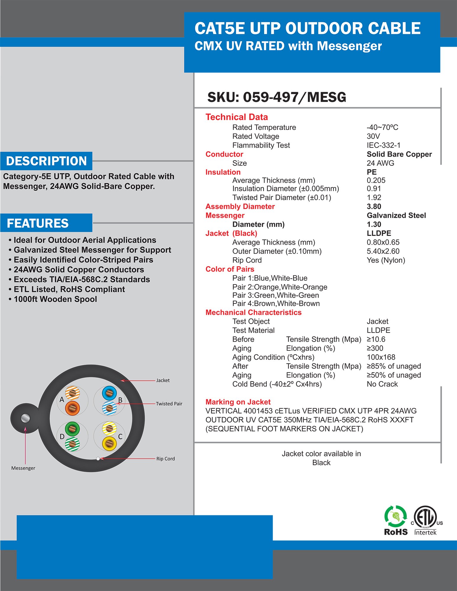 Vertical Cable Cat5e, 350 Mhz, UTP, UV Jacket, Outdoor, CMX, Messenger, 1000ft, Black, Bulk Ethernet Cable, Wooden Spool