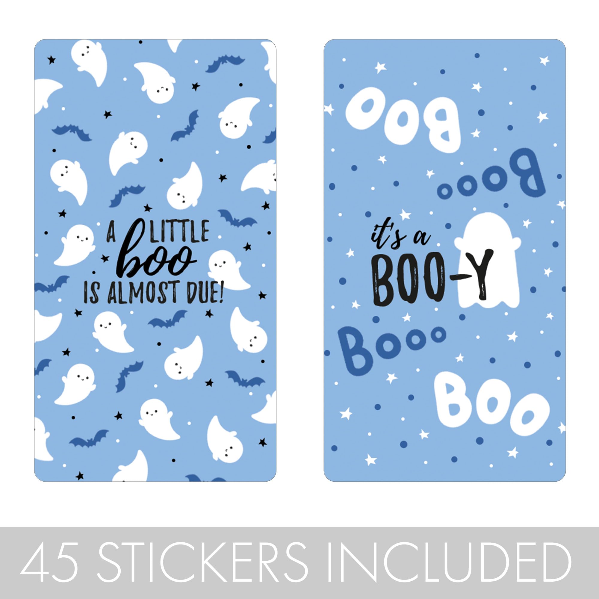 Blue A Little Boo is Almost Due Boy Baby Shower Wrappers for Mini Chocolate Bars, Halloween Baby Shower Party Favor Candy Stickers - 45 Count