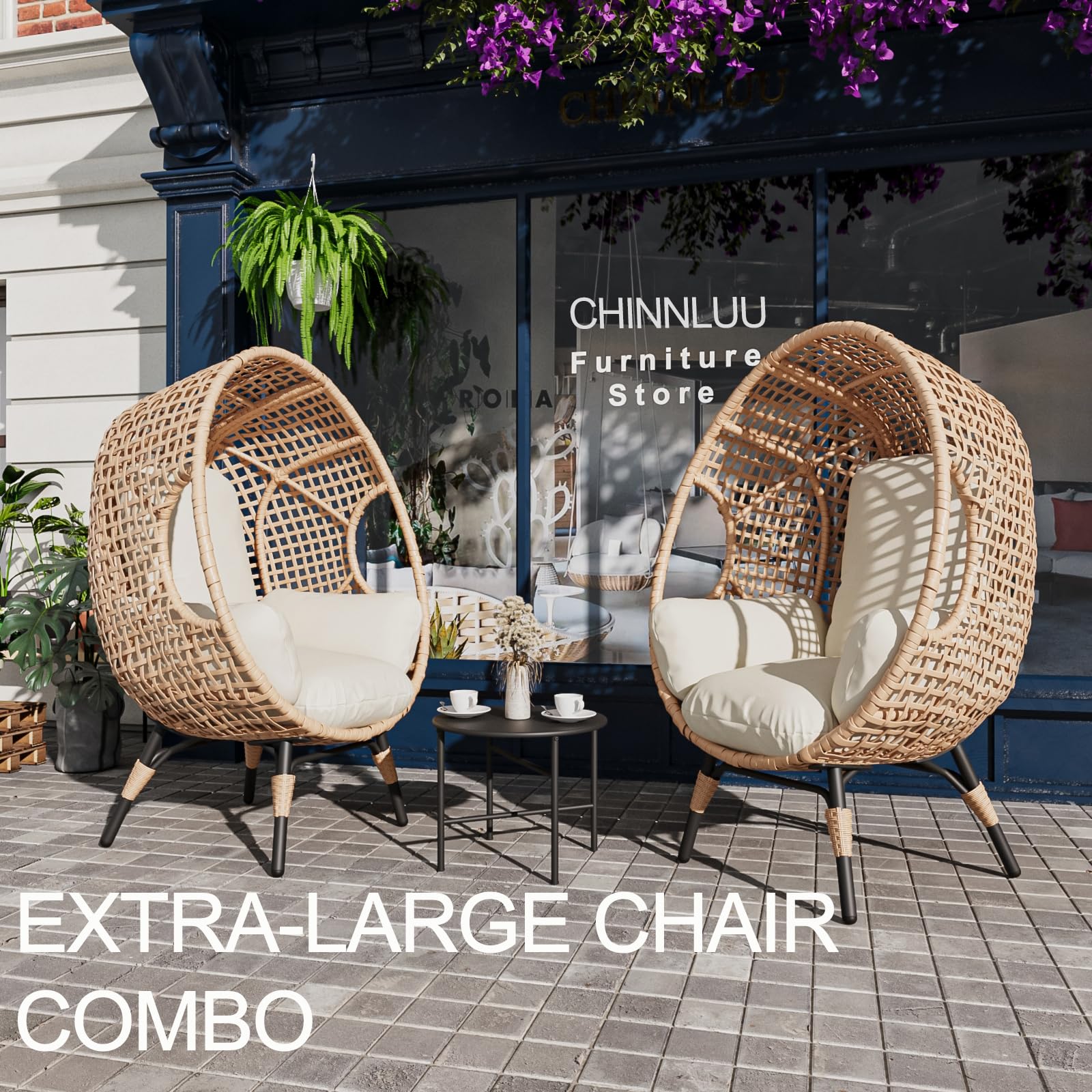 CHINNLUU Outdoor Egg Chair Wicker Oversized Egg Basket Chair with Stand Lounger Chairs with Cushion 500lbs Capacity for Patio Garden Backyard Balcony