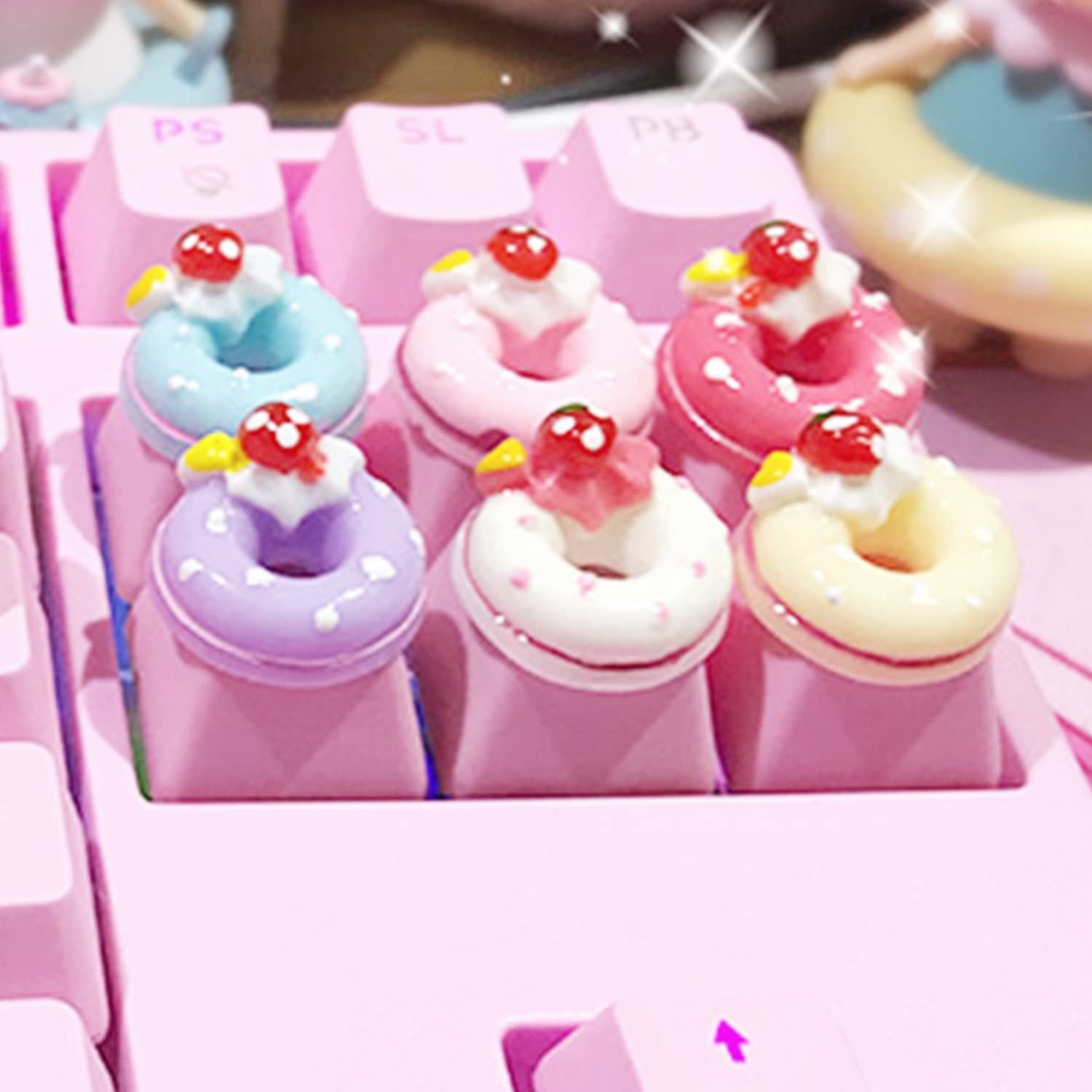 BelugaDesign Donut Keycaps | Pastel Pink Cute Kawaii Custom Replacement Cap Keys for Gaming Mechanical Keyboard | Esc Num Pad 3D Keys with Puller (Pink Multi)