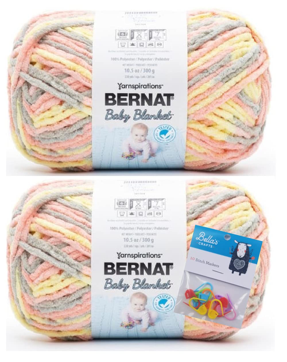 Bernat Baby Blanket Yarn - Big Ball (10.5 Oz) - Spring Blossom - 2-Pack Bundle with Bella's Crafts Stitch Markers
