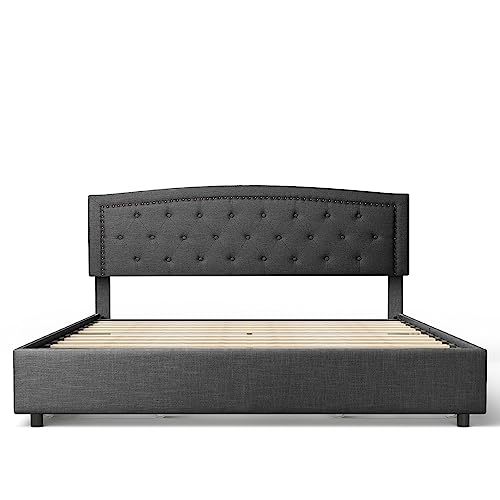 BONSOIR King Size Dark Grey Storage Bed Frame Upholstered Low Profile Traditional Platform with Tufted and Nail Headboard