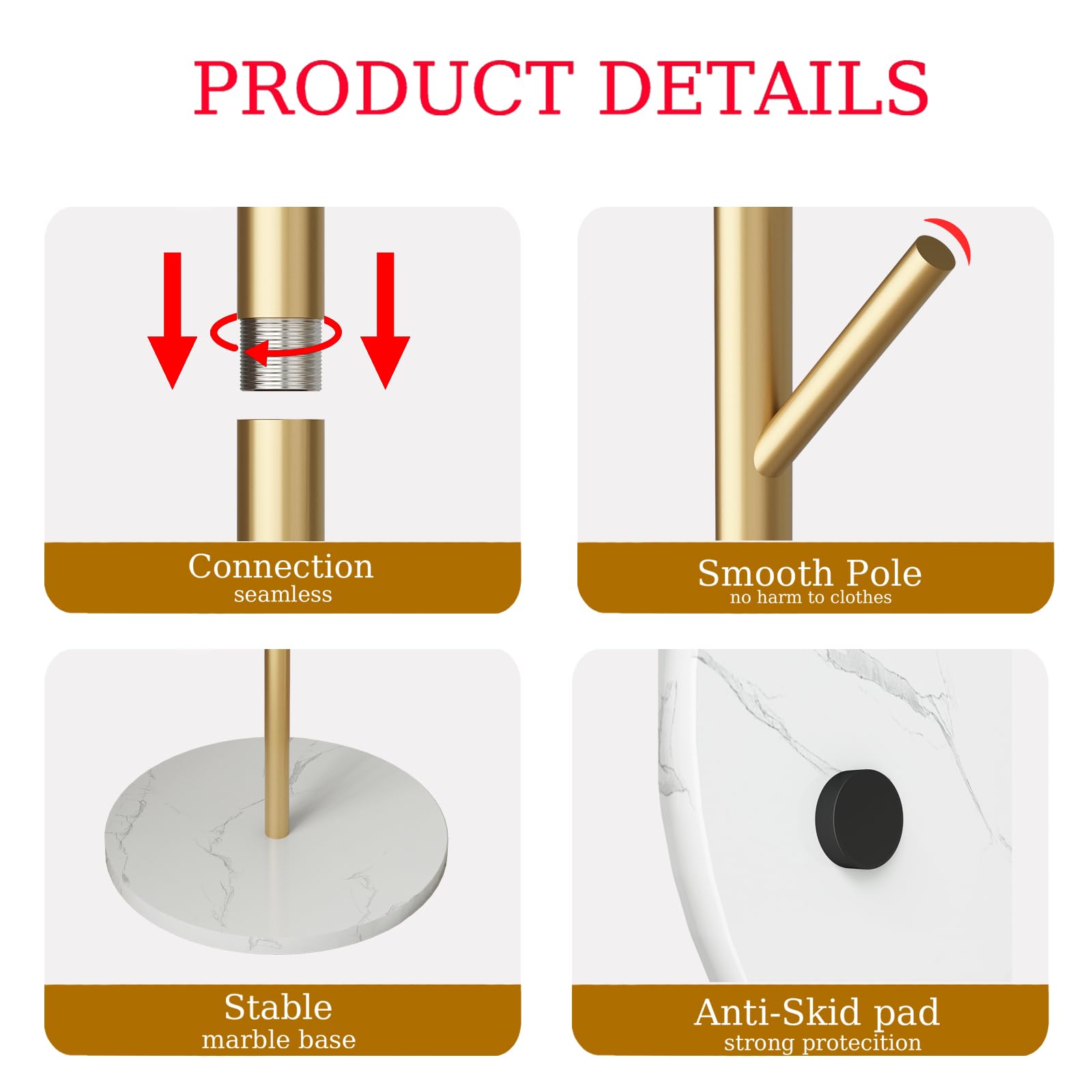 DR.IRON Metal Coat Rack Freestanding, Gold Coat Rack Stand with 8 Hooks, Sturdy Coat Racks with Marble Base, Coat Tree for Entryway, Hallway, Bedroom, Coat Hanger for Coats, Hats, Bags, Scarves