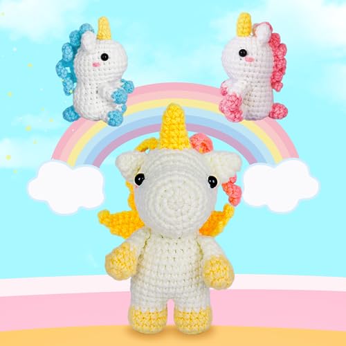 Crochetta Crochet Kit for Beginners, Amigurumi Crocheting Animals Kits w Step-by-Step Video Tutorials, Knitting Starter Pack for Adults and Kids, Jumbo 3 Unicorn Familly (40%+ Yarn Content)