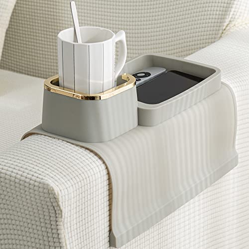 Couch Cup Holder Tray, Elimiko Silicone Anti-Spill and Anti-Slip Couch Drink Holder, Strong and Weighted Phone/Remote/Snacks Sofa Cup Holder, Gifts for Mom, Dad, Husband, Grandma, Grandpa (Griege)