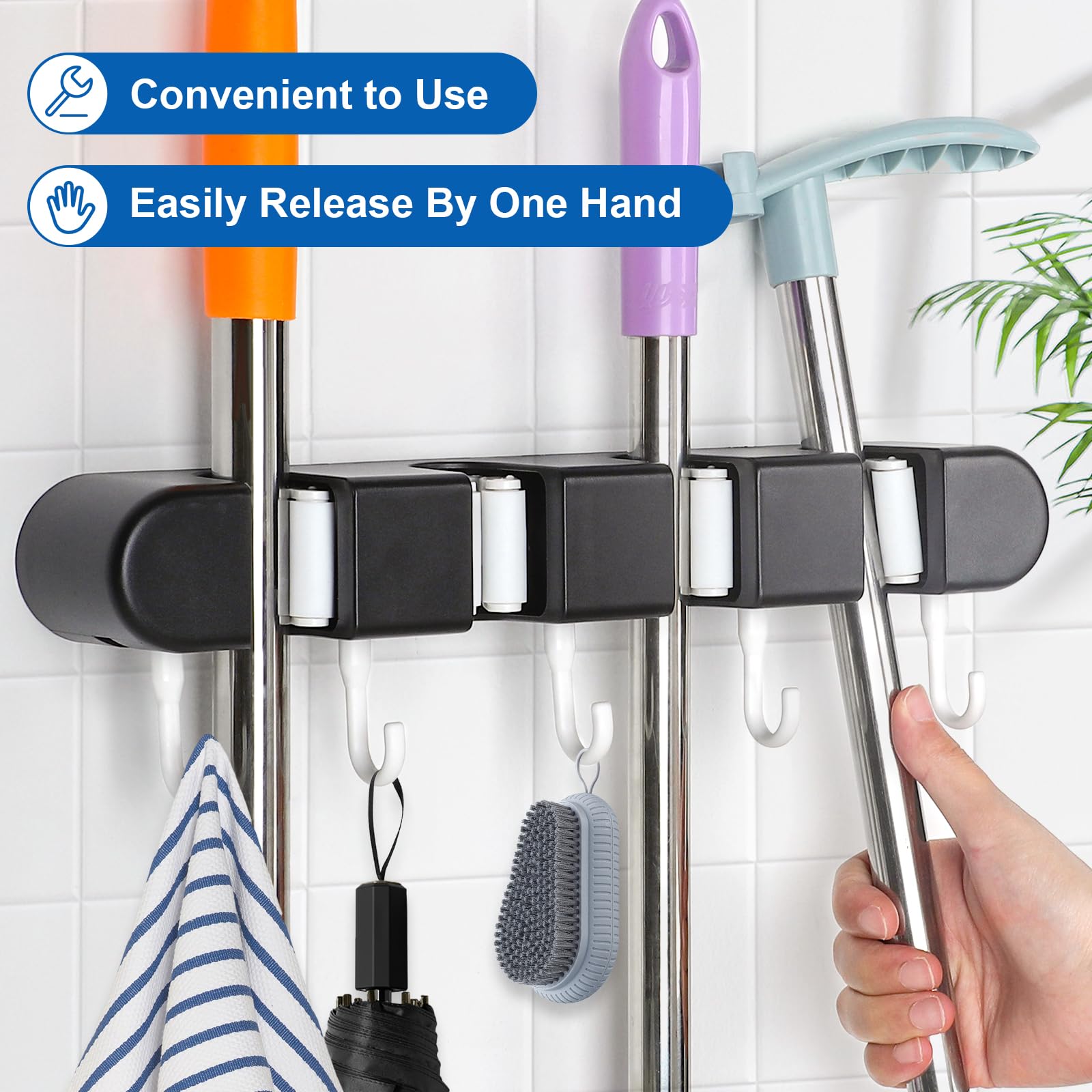Broom and Mop Holder Wall Mounted, Mop Hanger Broom Storage Tool Rack with 4 Racks & 5 Hooks, Mop Broom Organizer, Garden Tool Organizer with Adhesive Hooks for Home Laundry Garage Kitchen Shed, Black