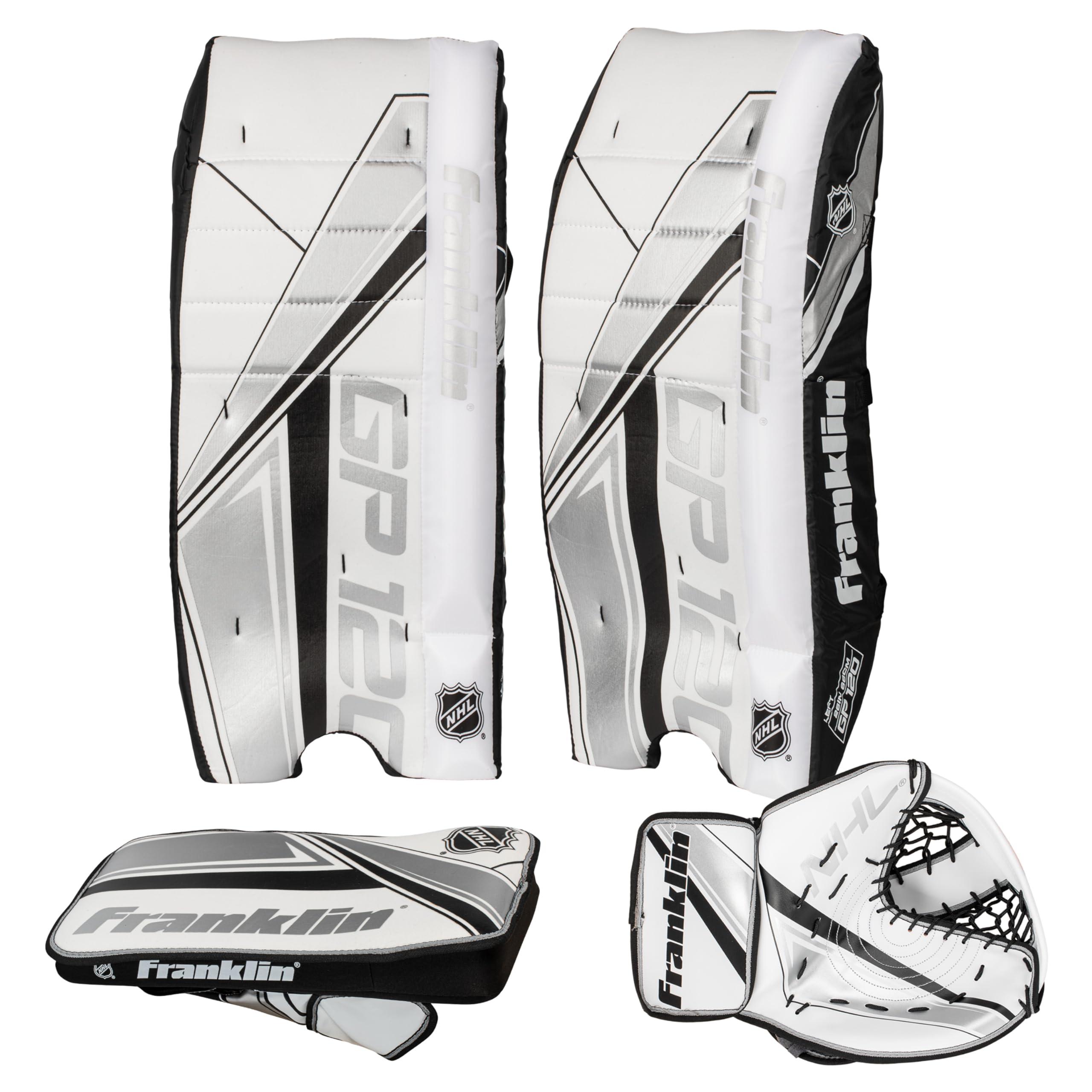 Franklin Sports NHL Kids Street Hockey Goalie Pads Set - Kids Hockey Training Equipment - Includes Block Pad, Catch Glove, and Goalie Pads,Black/White