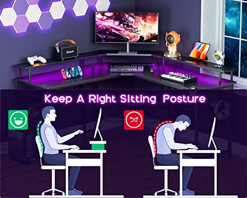 ODK L Shaped Gaming Desk with LED Lights & Power Outlets, 51" Computer Desk with Full Monitor Stand, Corner Desk with Cup Holder, Gaming Table with Hooks, Black Carbon Fiber