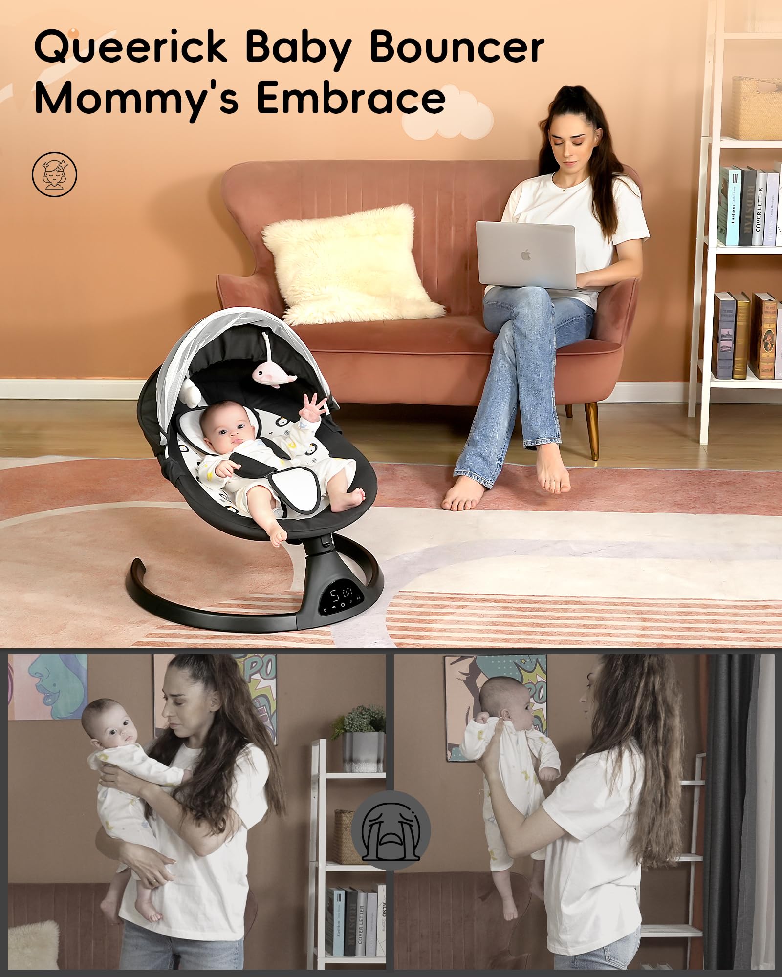 Baby Swing for Infants to Toddler Portable Babies Swing Timing Function 5 Swing Speeds Bluetooth Touch Screen Music Speaker with 10 Preset Lullabies 5-Point Carabiner