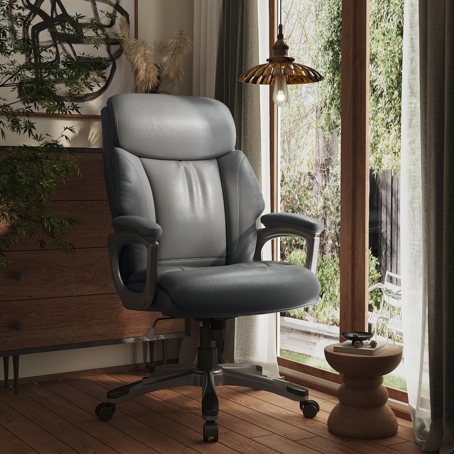 CozNook Ergonomic Executive Office Chair, Leather Desk Chair Comfy, Big and Tall Office Chair with Wheels,Lumbar Support and Padded Arms,Swivel Wide Computer Chair (Grey)