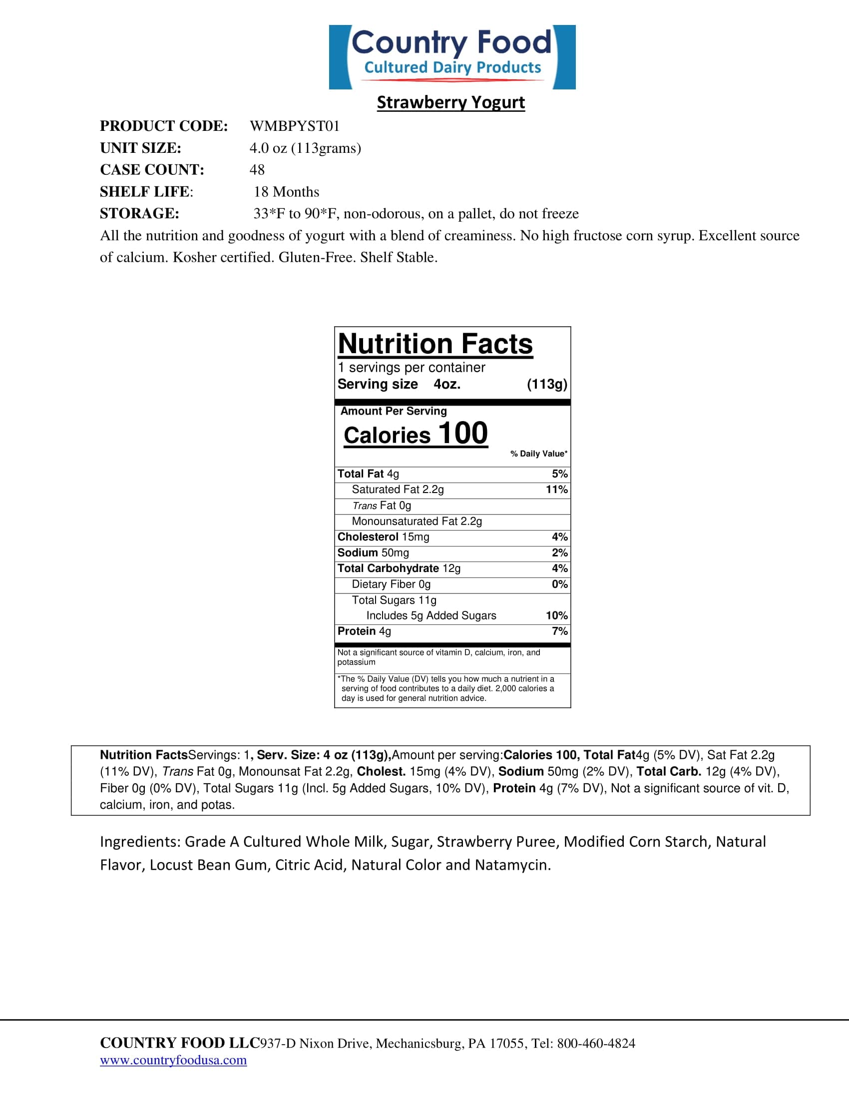 Backpack Yogurt, Strawberry 4 oz. (48 count) - Real Fruit Yogurt - No Fridge Needed - Kosher Certified - Gluten Free Snack For All Ages