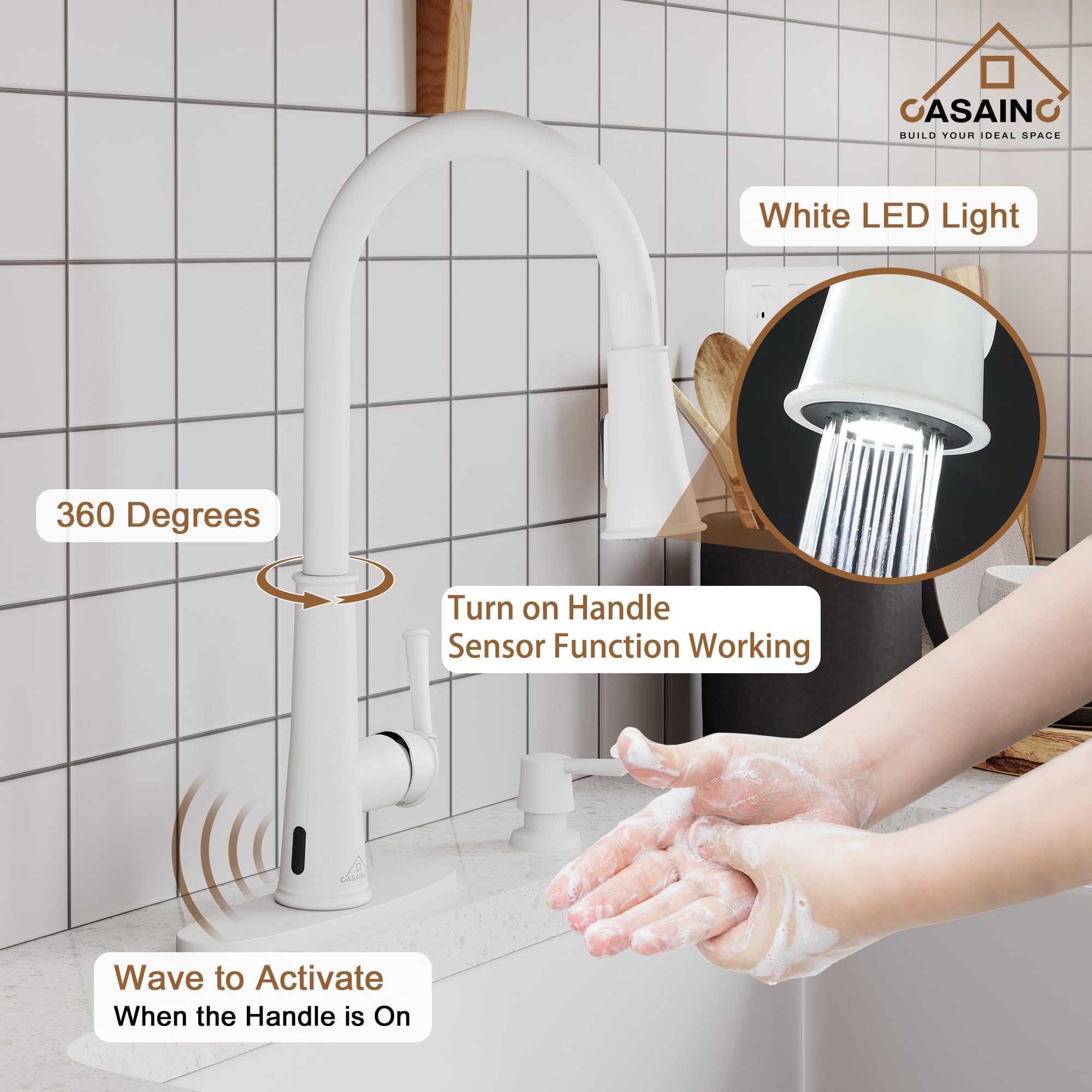 CASAINC Kitchen Faucet with Pull Down Sprayer Matte White with LED Function, 17.31in H Touchless 1.8 gpm Single Handle Kitchen Sink Faucet, Lead-Free Copper for Bar Laundry Kitchen Sink