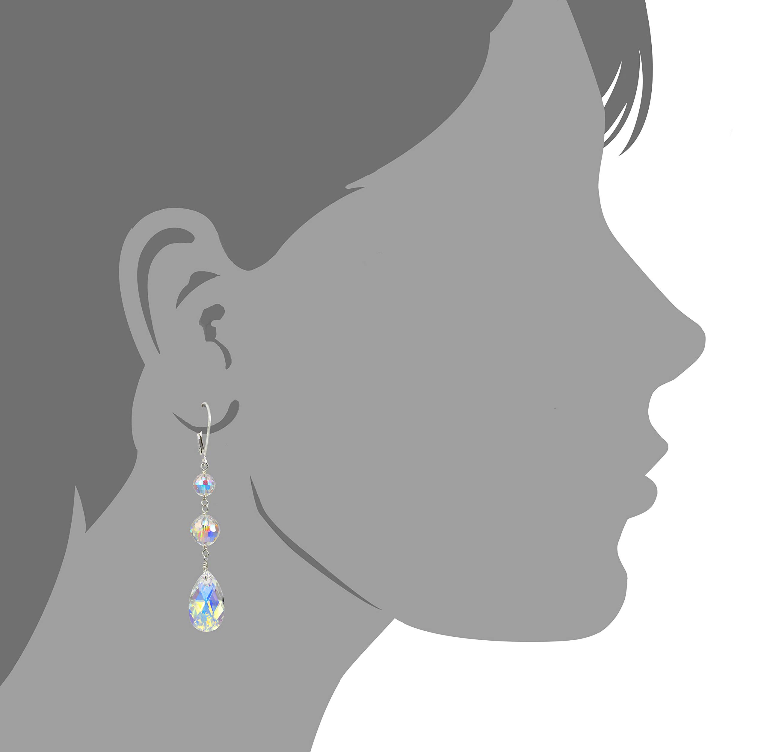 Aurora Borealis Pear-Shaped Drop Sterling Silver Lever-back Earrings for Women, Teens, Weddings and Special Occasions