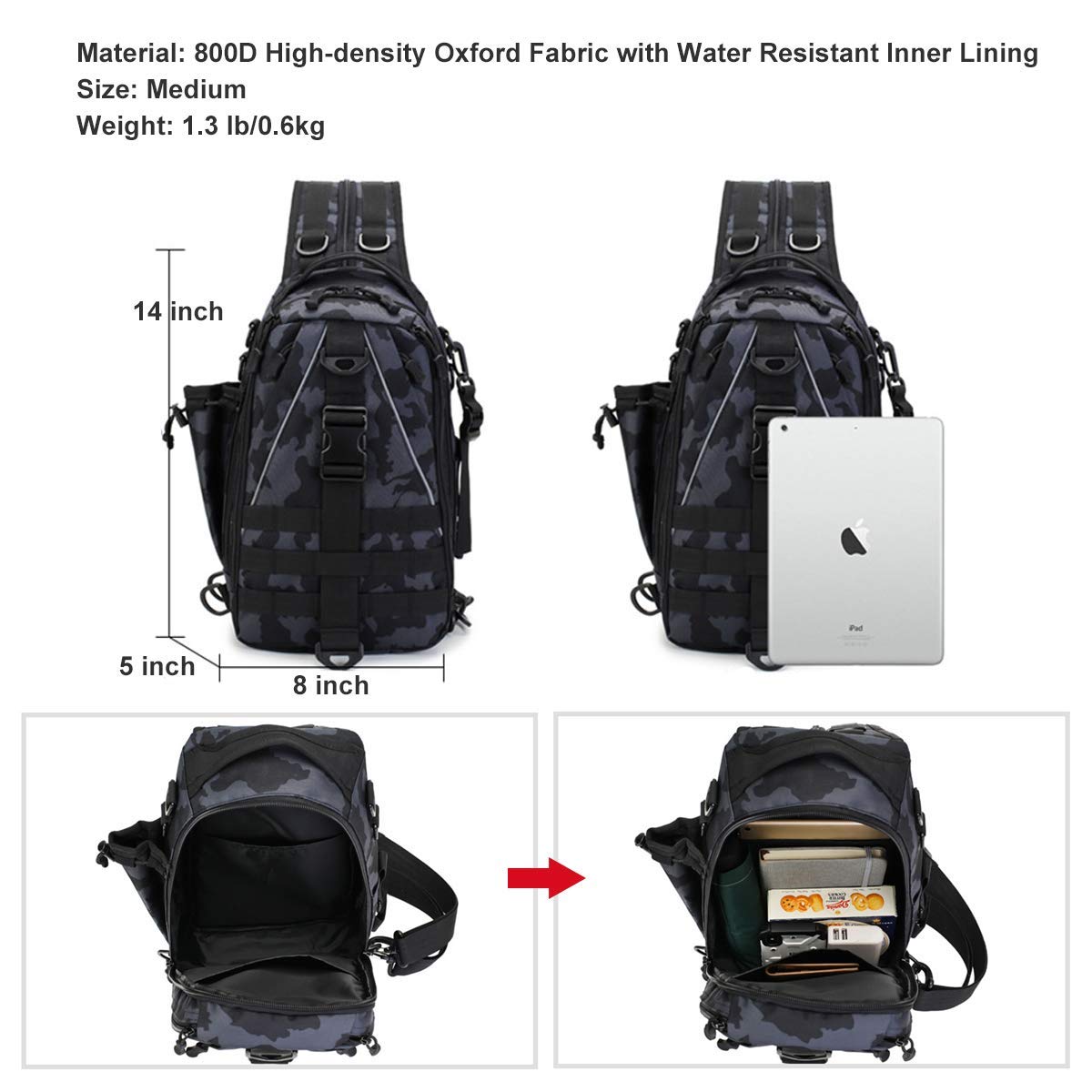 BraveHawk OUTDOORS Tactical Sling Pack Backpack, 800D Military Nylon Oxford Water Resistant MOLLE Utility Two Shoulder Backpack EDC Crossbody Bag Outdoor Daypack Organizer (Medium)