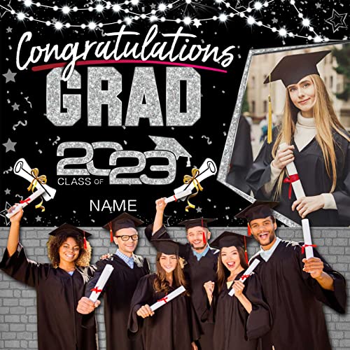 Custom Graduation Party Decorations 2023-Personalization Congratulations Graduation Banner-Class of 2023 Graduation Decorations Supplies(Black and Silver)