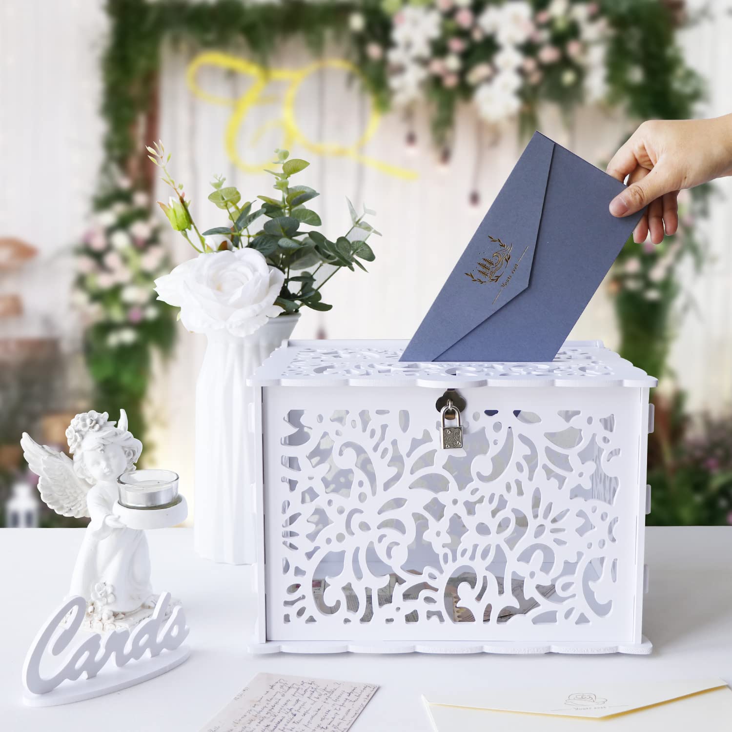 CYAOOI White Wedding Card Box with Lock, PVC Gift Card Box for Wedding Reception, DIY Wedding Money Envelope Card Box for Graduation Party Birthday Baby Shower Decorations