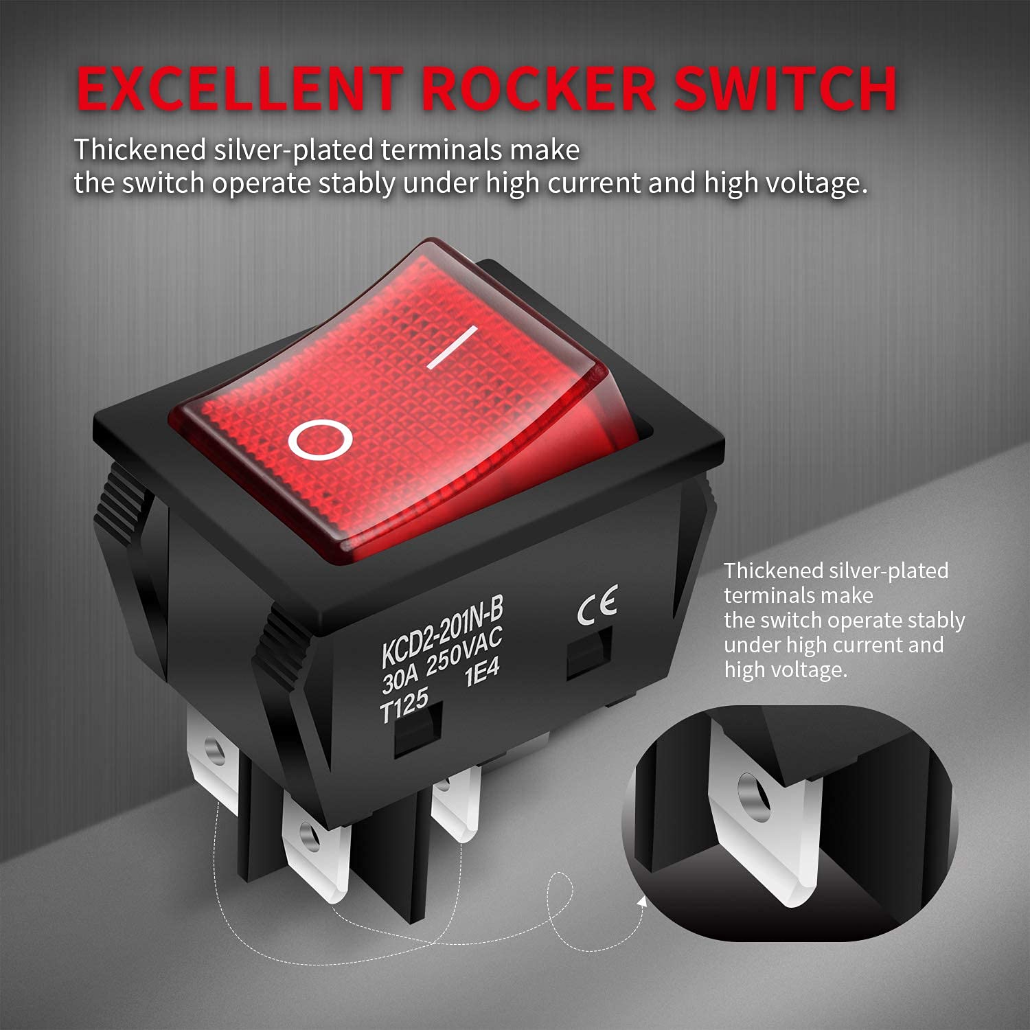 DaierTek 30A 250V KCD2 KCD4 Rocker Switch DPST 4 Pin Red Lighted 120V Rocker Toggle Switch ON Off Heavy Duty T125-3Pack