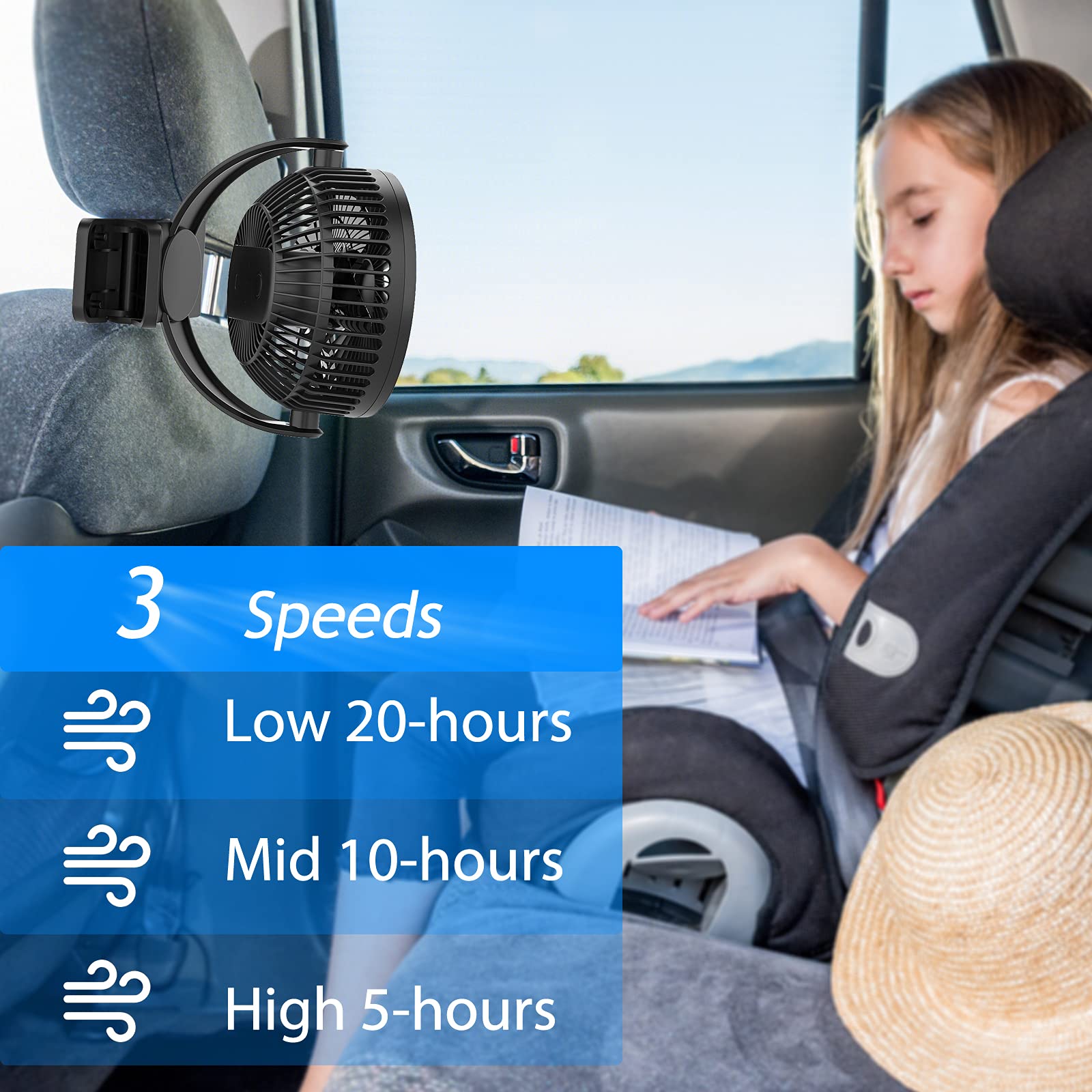 Svinkal Personal usb Fan 5000mAh Battery Operated with Suction fixation 6in, 3 Speeds, 720 adjustment, Portable Fan for Table, Bedroom, Desk, Camping, Stroller, Golf Cart