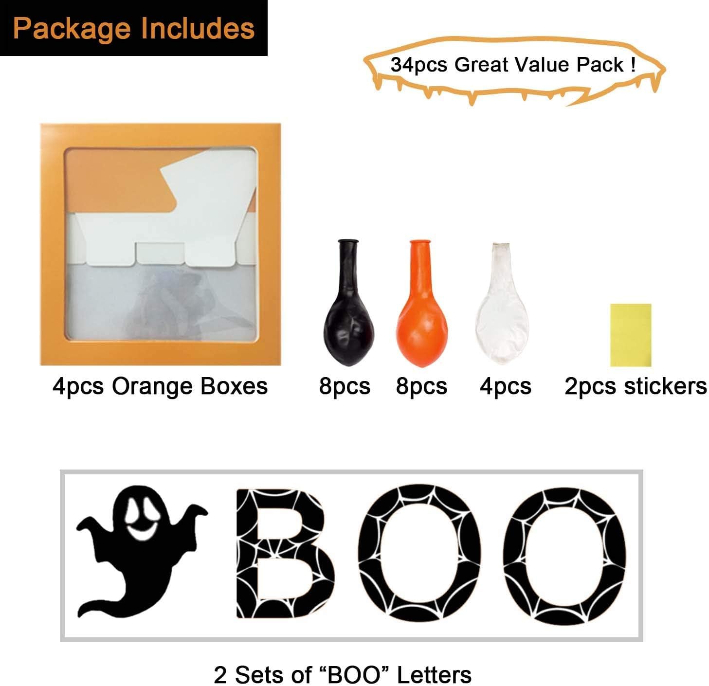 Halloween Balloon Boxes Decorations - Orange Transparent Box for Halloween Baby Shower, Birthday Party Decorations - Includes 4 Box Blocks, Black Ghost Boo Letter Stickers, 20 Latex Balloons