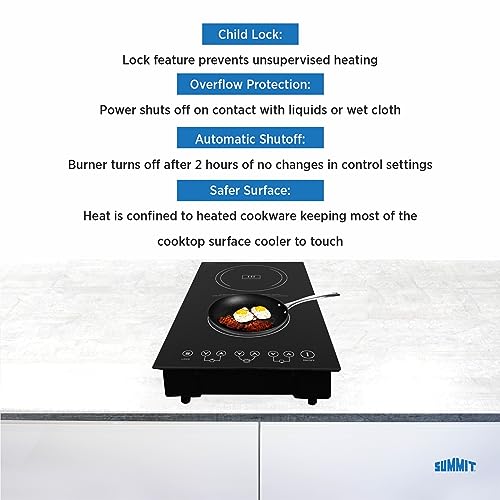 Summit SINC2220 12-inch 2 burner Digital Electric Induction Cooktop with 7-piece cookware set, Jet Black Glass, 230V, 3100W, LED Display, 8-Power Level, Timer, Easy Plug-In, Easy to Clean