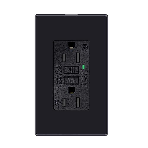 Black GFCI Outlet 15 Amp,KCMYTONER Black GFI Electrical Outlet, Black Ground Fault Receptacle Outlet Weather Resistant 125 Volt,with Decorator Screwless GFCI Plate,ETL Listed, Black GFI