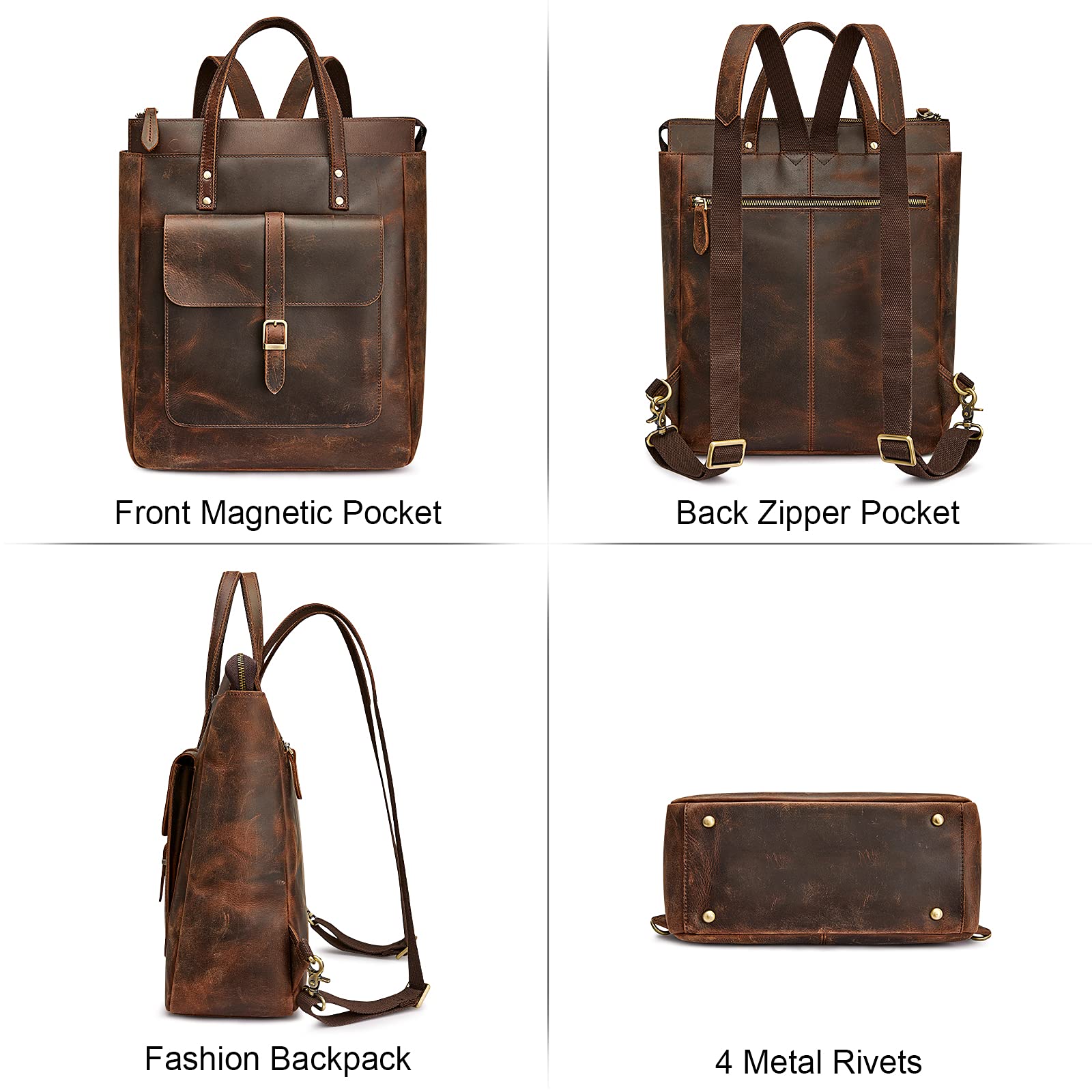S-ZONE Women Genuine Leather Backpack Purse Bundle with Retro Bucket Tote Vintage Hobo Handbag Distressed Shoulder Bag
