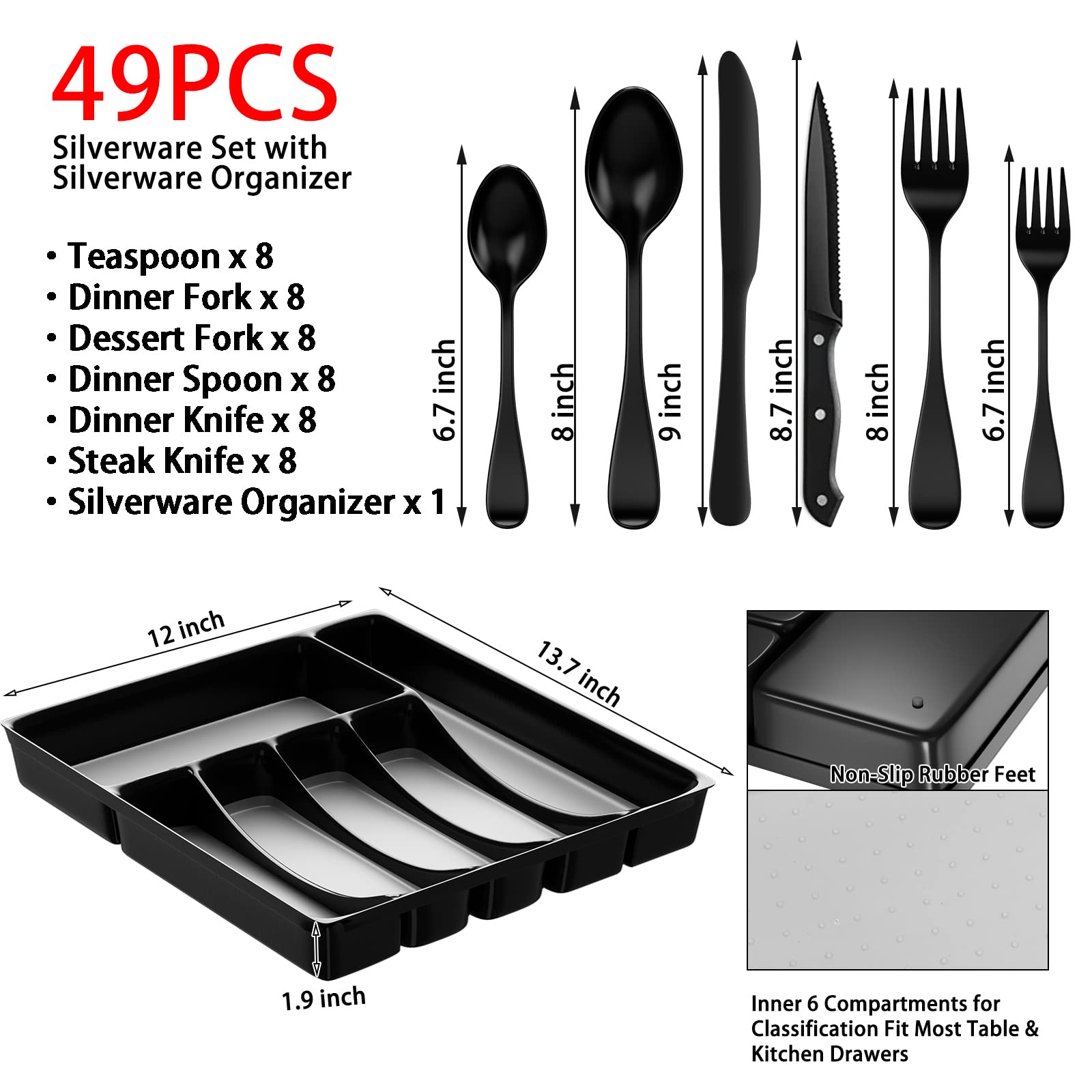 Black Silverware Set with Steak Knives, Flatware Set Organizer Drawer Tray Kitchen Utensils Tableware Service Matte Cutlery Stainless Steel Knife Fork Spoons for 5 Mirror Polished Dishware Safe