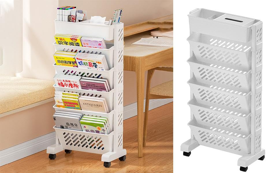 Bookshelf with Wheels, 6 Tier Movable Bookcase Organizer, Rolling Bookcase Organizer, Space Saving Mobile Bookshelf, Multiple Storage Wheeled Shelf, Mobile Book Storage Unit for School Classroom Home