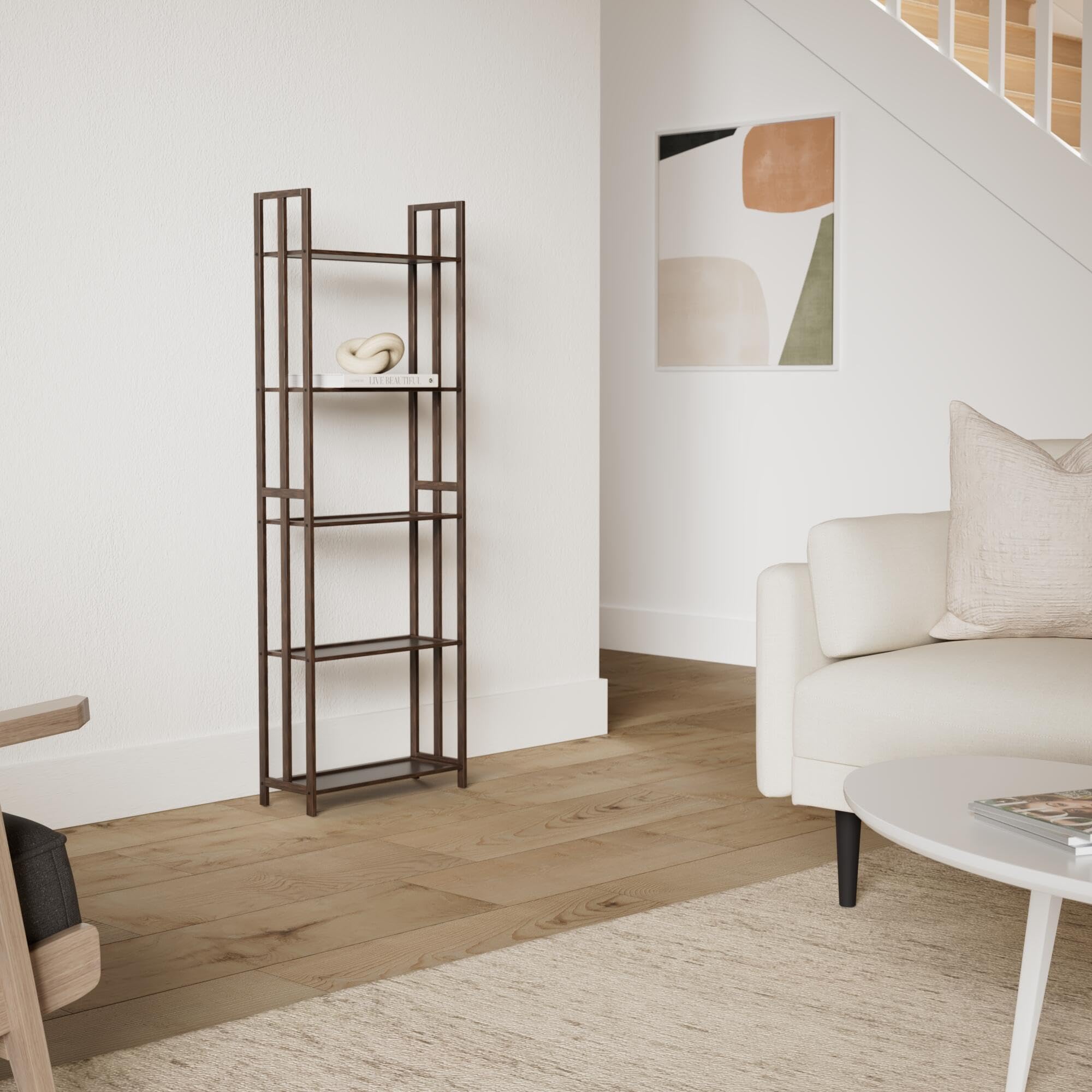 COPREE 5 Tier Rolling Bookcase, Bamboo 360 Rotating Bookshelf, Freestanding Storage Organizer Holder Book Rack with Wheels for Bedroom, Living Room Home and Office