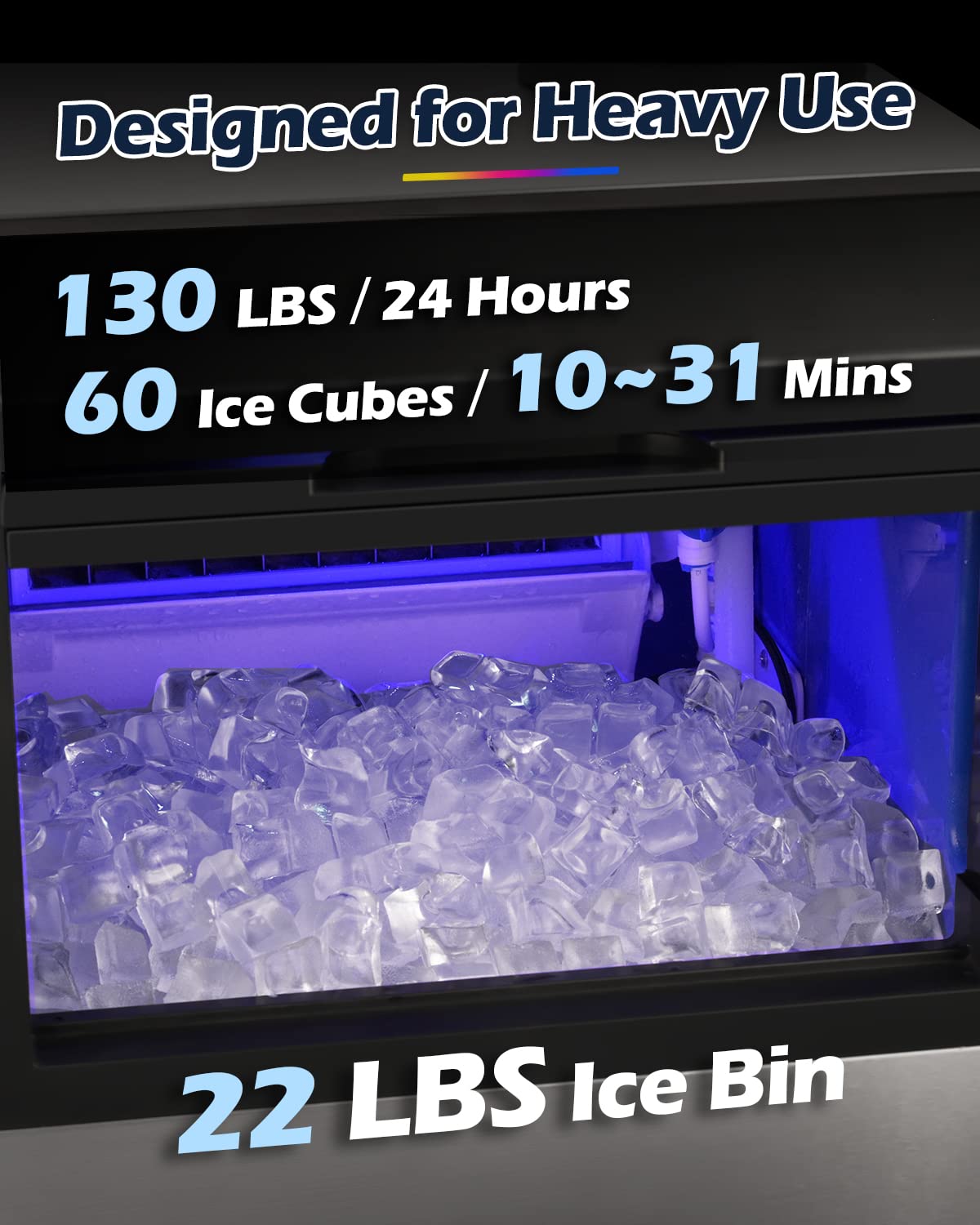 Commercial Ice Machine, 130LBS/24H, 60 Ice Cubes/Cycle Free Standing Under Counter Ice Maker w/Large Ice Bin, 2 Auto Water Inlet Modes, Self Clean, 24H On/Off Timer for Home Party & Business