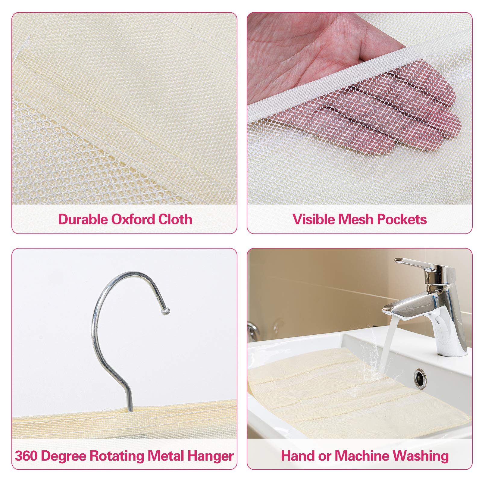 Hanging Mess Pockets Dual Sided Wall Shelf Wardrobe Organizers Storage Bags,Closet Hanging Organizer with 36 Mesh Pockets & Rotating Metal Hanger,for Bra Underwear Underpants Shoes Sock (Beige)