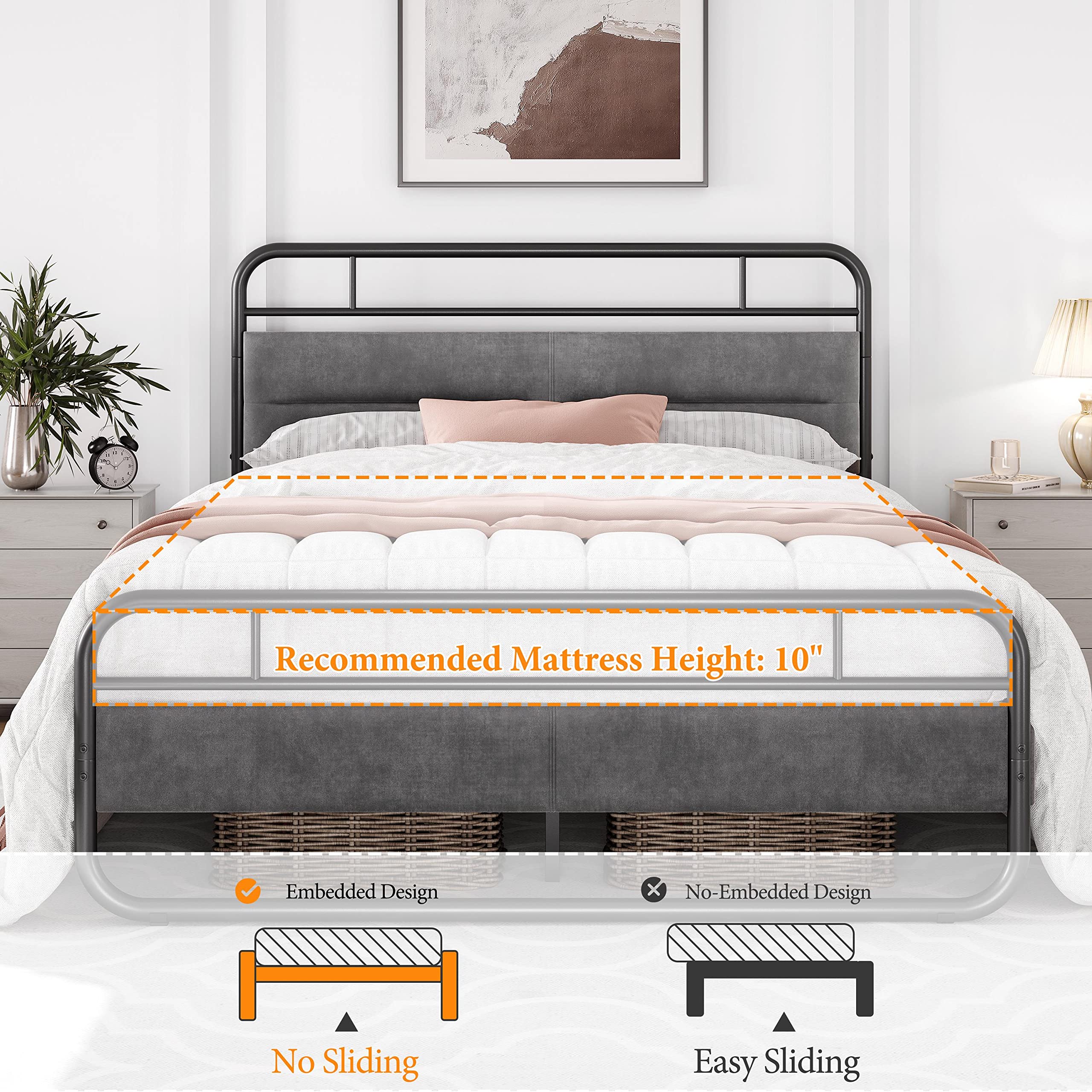 Yaheetech Full Bed Frame Heavy Duty Metal Bed with Curved Upholstered Headboard, 8.7 Inch Under-Bed Storage/Steel Slats Support/Noise Free/No Box Spring Needed/Easy Assembly/Dark Grey Full Bed