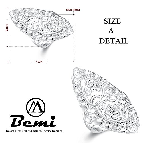 BEMI British Style 925 Silver Plated Carved Flower Band Ring Engagement Valentine Gift Statement Rings for Women 6