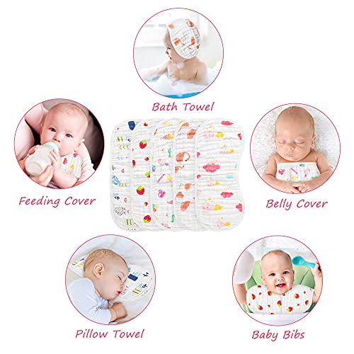 GROBRO7 5Pcs Burp Cloths Baby Bibs Muslin Burping Bid for Babies with Strawberry Flamingo Cotton Large Towels in 6 Layers Extra Absorbent Soft Machine Washable Nursery Newborn Gift 7x18.5inch