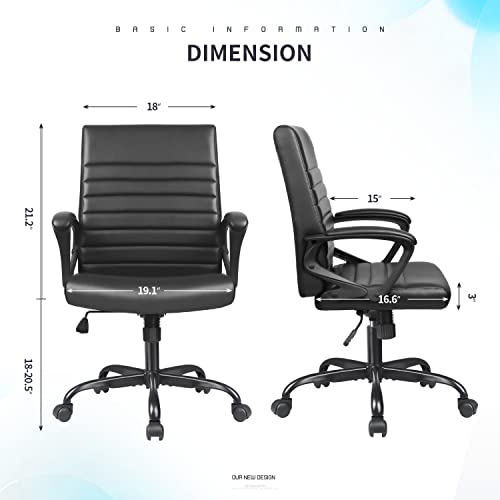 Devoko Office Chair Mid Back Desk Chair PU Leather Executive Office Chair Ribbed Computer Task Chair Swivel Rolling Chair with Padded Arms and PU Wheels, Black