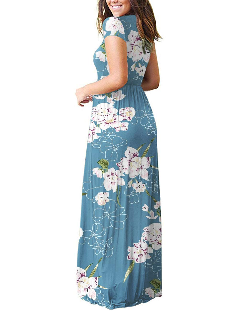 AUSELILY Women's Short Sleeve Loose Plain Casual Long Maxi Dresses for Women 2024 Floral Light Blue XL