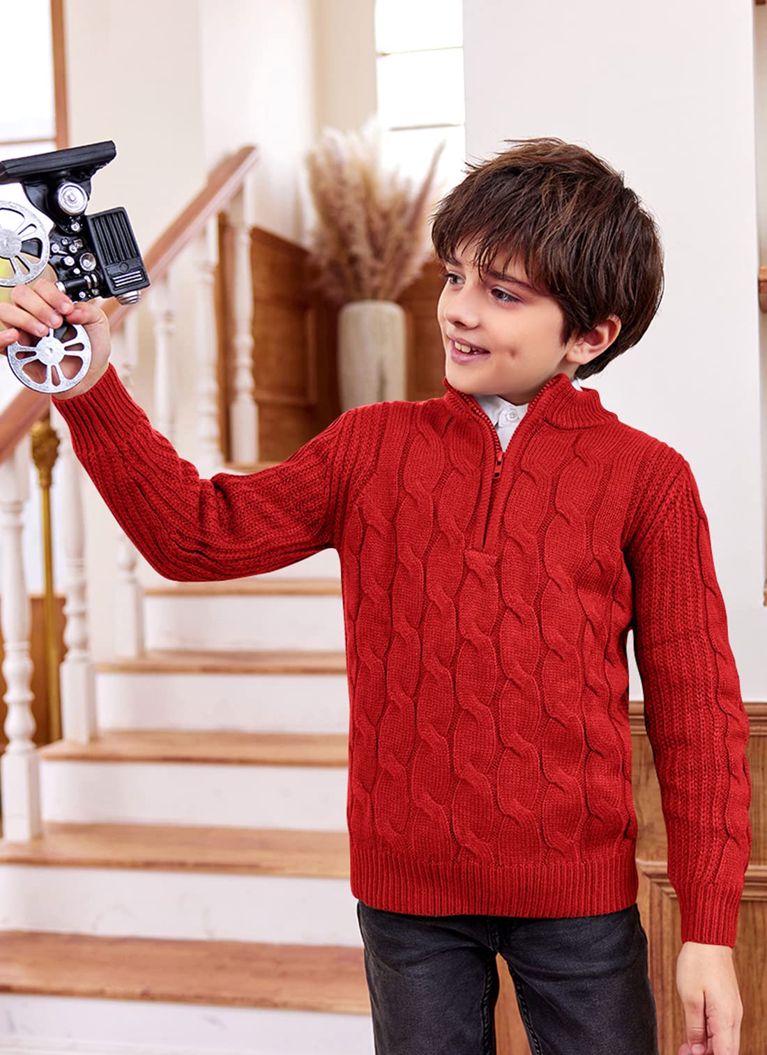 Ciaorbis Boys 1/4 Zip Pullover Sweater Long Sleeve Cable Knitted Sweater Winter Outfit for Baby Boys Girls Red