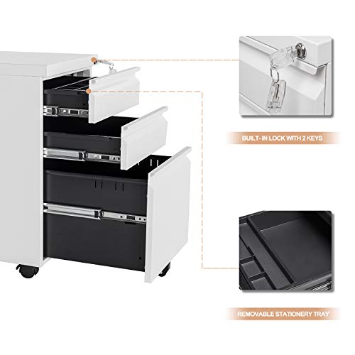 Bonnlo White 3 Drawer File Cabinet with Lock, Rolling File Cabinet for Home Office, Locking File Cabinet Under Desk Filing Cabinet Mobile Office Drawers with Pencil Tray, Assembly Required, 23.6" H