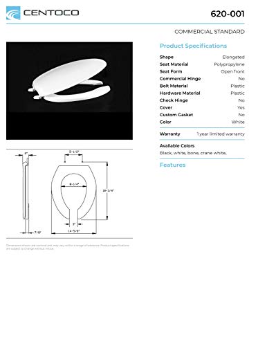 Centoco Toilet Seat Elongated, Cover, Open Front, Plastic, Regular Duty Residential or Light Weight Commercial Use, Made in the USA, Heavy Duty Hinge, 620-001, White