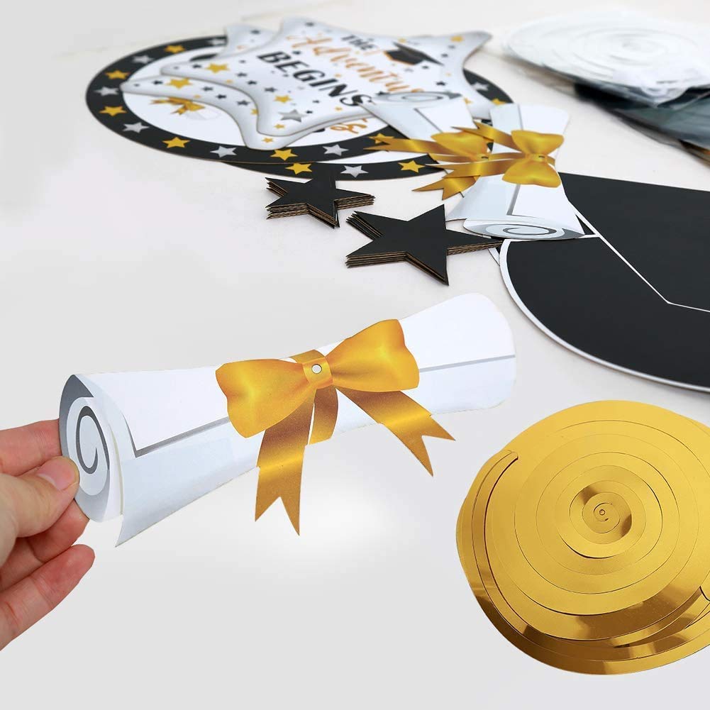 Decor365 Gold Black Silver Graduation Decorations Hanging Swirls Congrats Grad Banner Black Graduation Cap Stars Adventure Begins Dangling Home Classroom Decor for High School/College/University