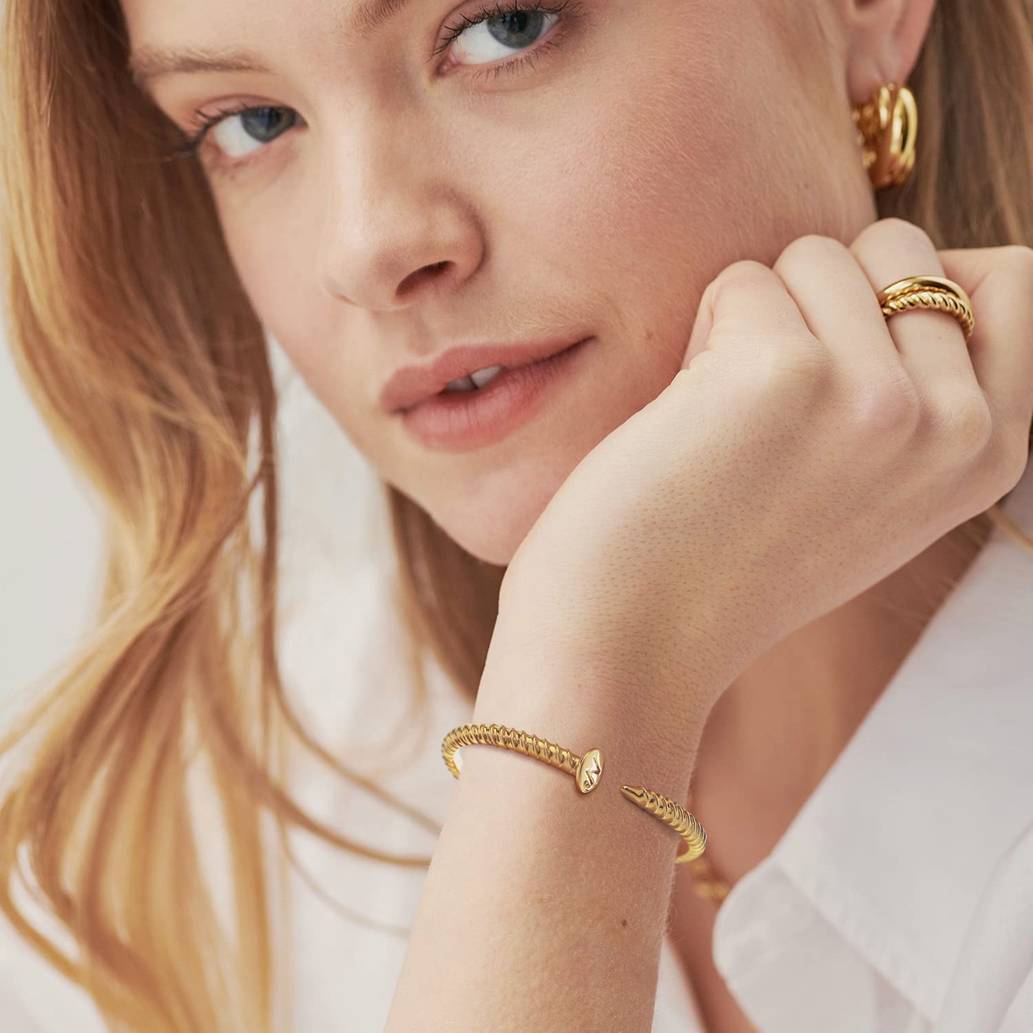 Bemoly Nail Bracelet for Women 14K Gold Plated Screw Initial Cuff Bracelet Inspirational Adjustable Bangle Jewelry