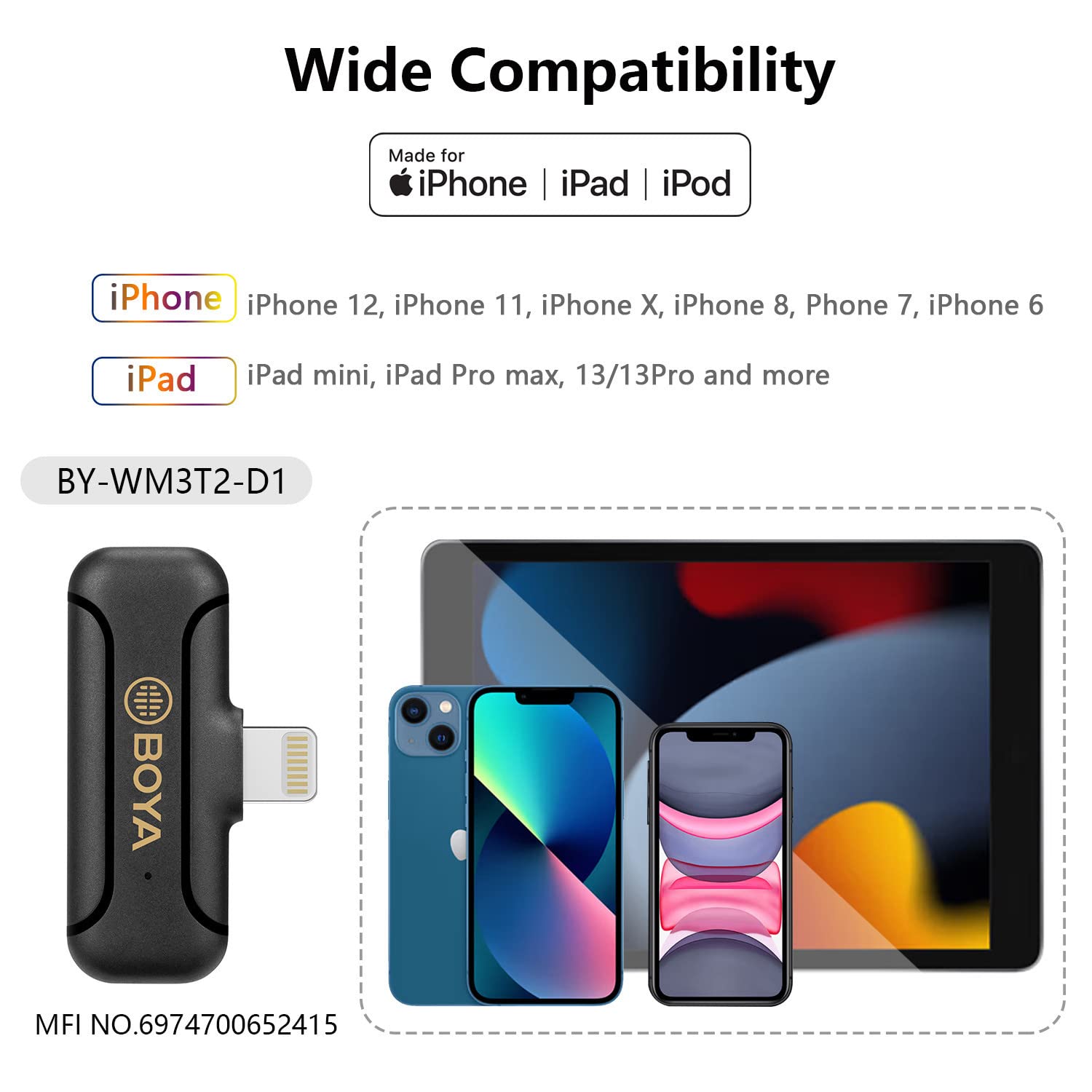 BOYA Wireless Lavalier Lapel Microphone for iPhone iPad 2.4GHz Professional Plug Play Mic Noise Cancellation Mini Cordless Clip on Mic for Video Recording YouTube Streaming Interview BY-WM3T2-D1
