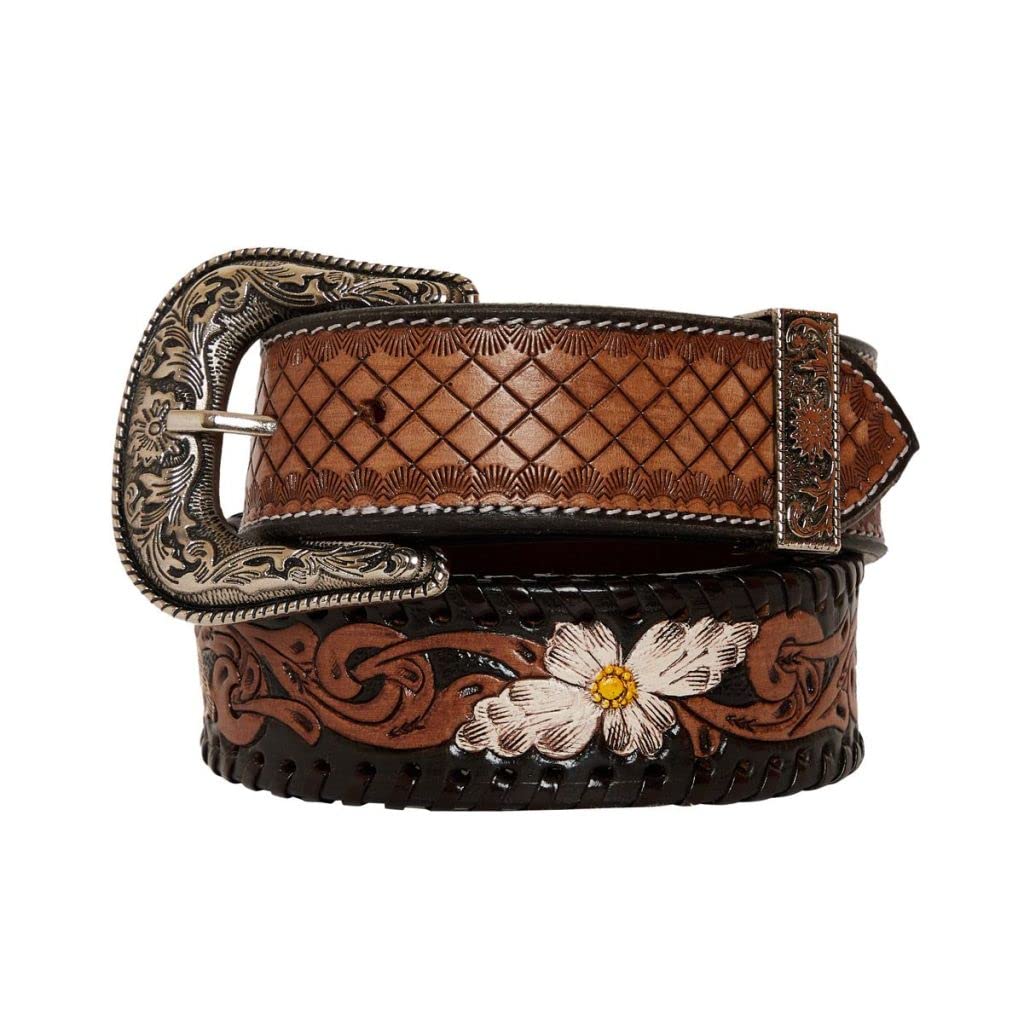 Myra Bag Checkered Brown Hand-Tooled Leather Belt S-4059, Medium