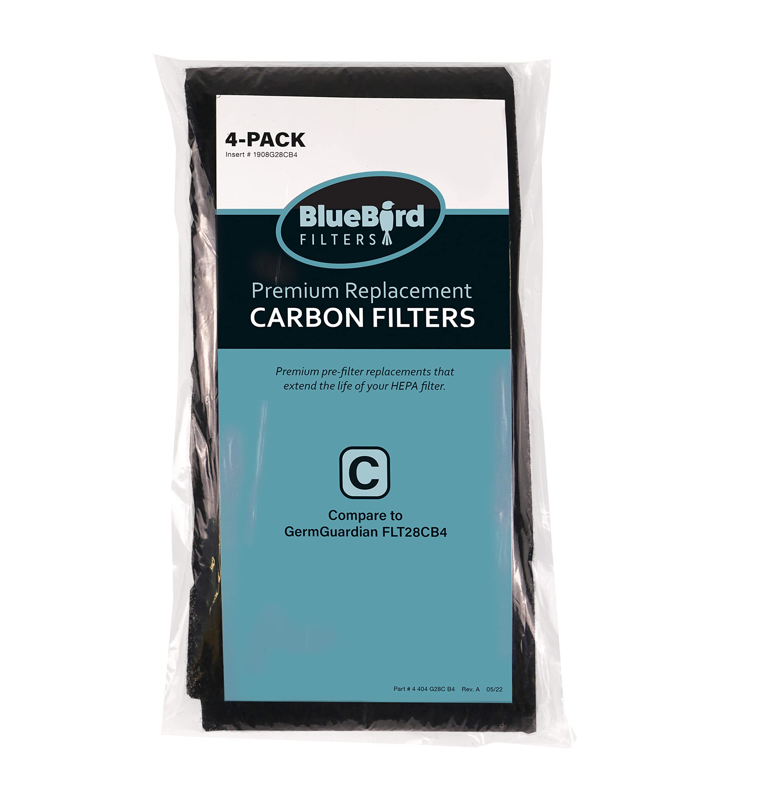 BlueBird Filters Germ Guardian FLT28CB4 Carbon Pre Filter Kit, 4 Pack, Compatible with FLT5000 HEPA Filter C, Air Purifier AC5000 Series