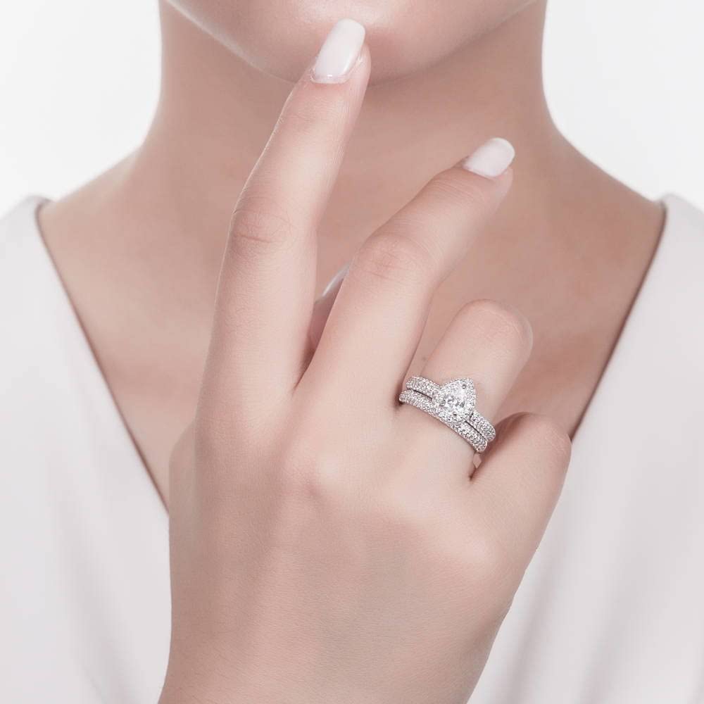 BERRICLE Sterling Silver Halo Wedding Engagement Rings Pear Cut Cubic Zirconia CZ Ring Set for Women, Rhodium Plated Size 9