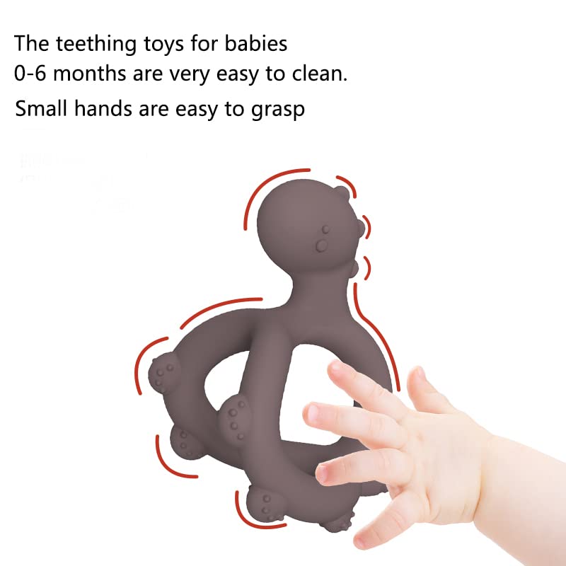 BIGSPINACH 3D Dinosaur Chew Teething Rings for Babies 0-24 Months with Pacifier Clip, Bpa Free Food Grade Silicone Teething Toys, Hand Teethers for Babies (Beige)
